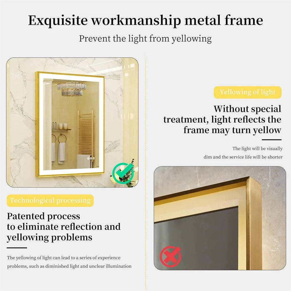 Gold Frame LED Bathroom Mirror | Dimmable Lighted Anti-Fog Design ...